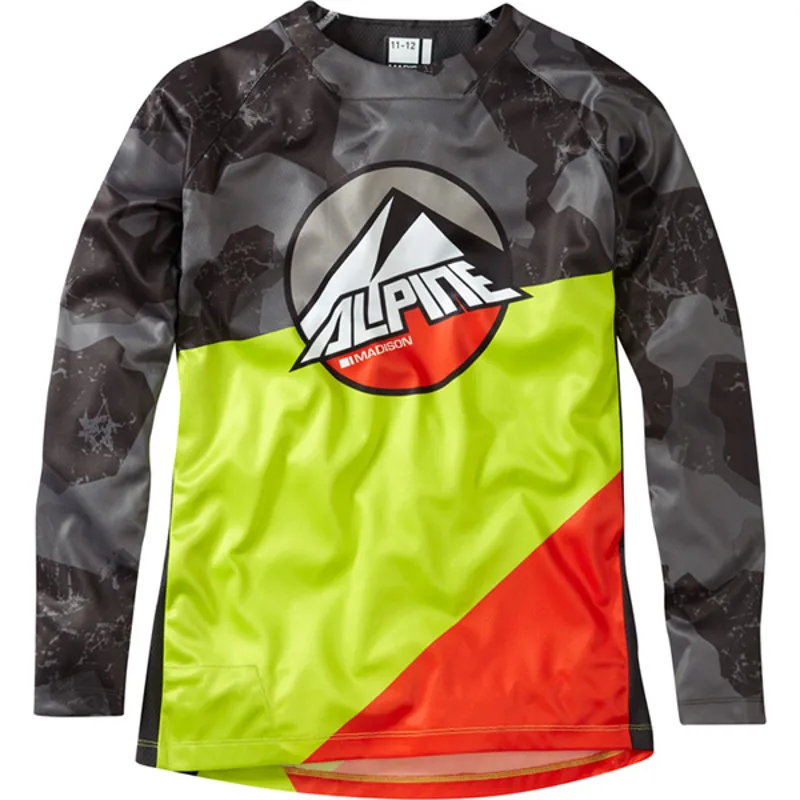 Madison Alpine youth long sleeve jersey, camo / krypton lime